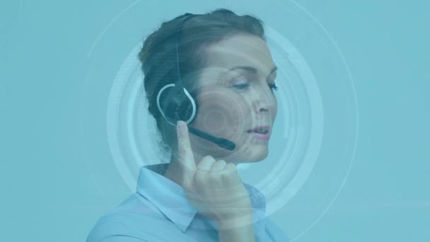 Animation Caucasian Woman Wearing Headset Using Computer Circles ...