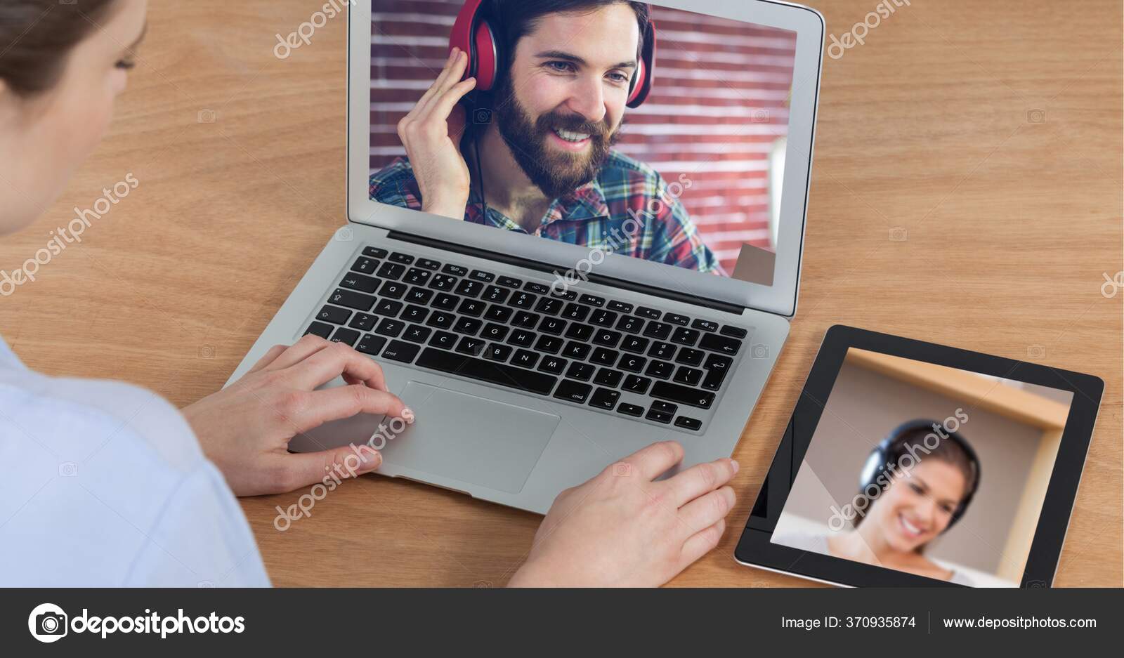 Woman Using Laptop Digital Tablet Having Video Meeting Interacting ...