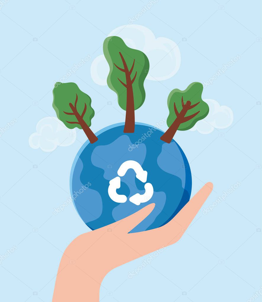 eco amigable escena y mano con el planeta tierra 2023