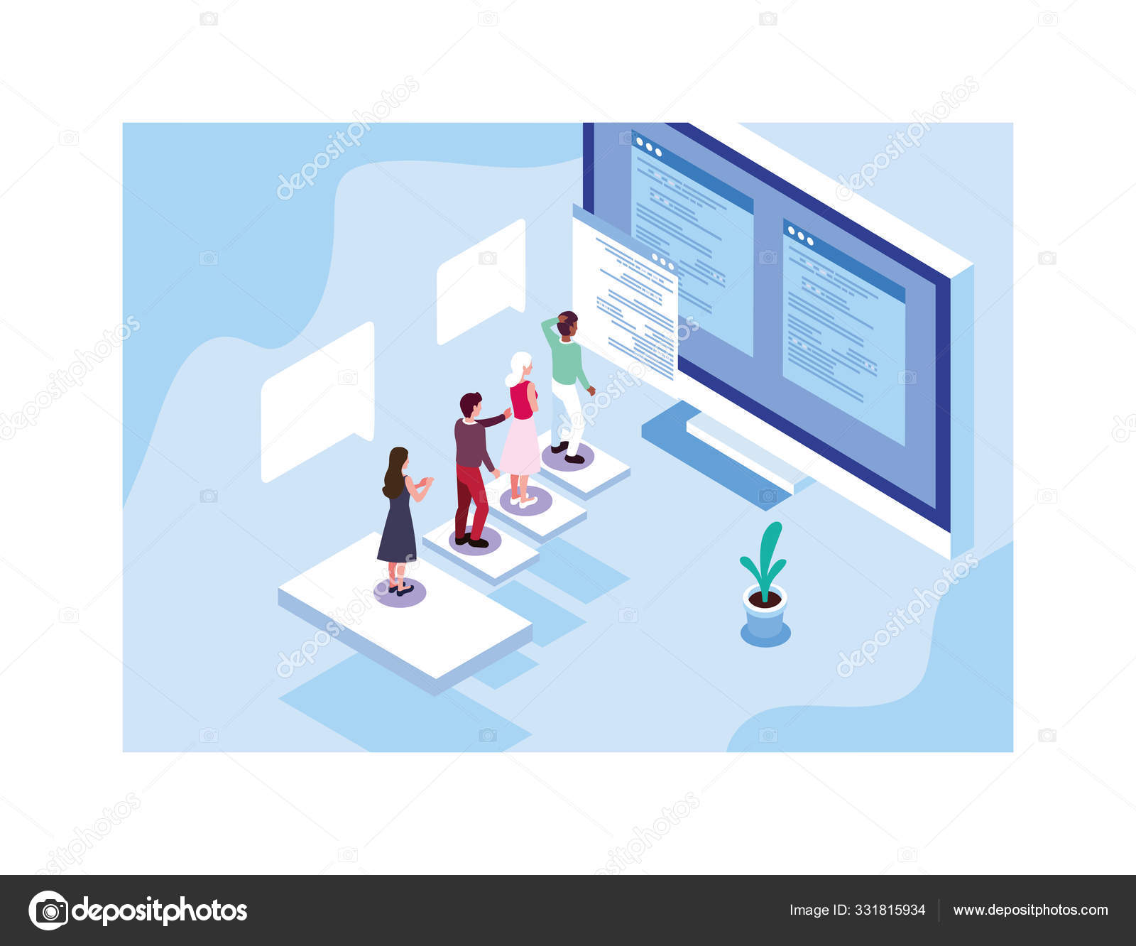 Group of people working in front of computer screen Stock Illustration ...