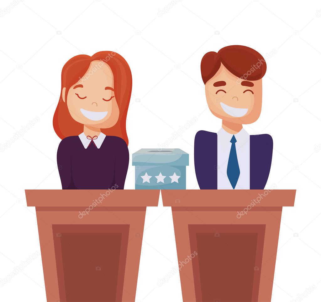 Hombre de dibujos animados y mujer en el podio de EE.UU. feliz ...