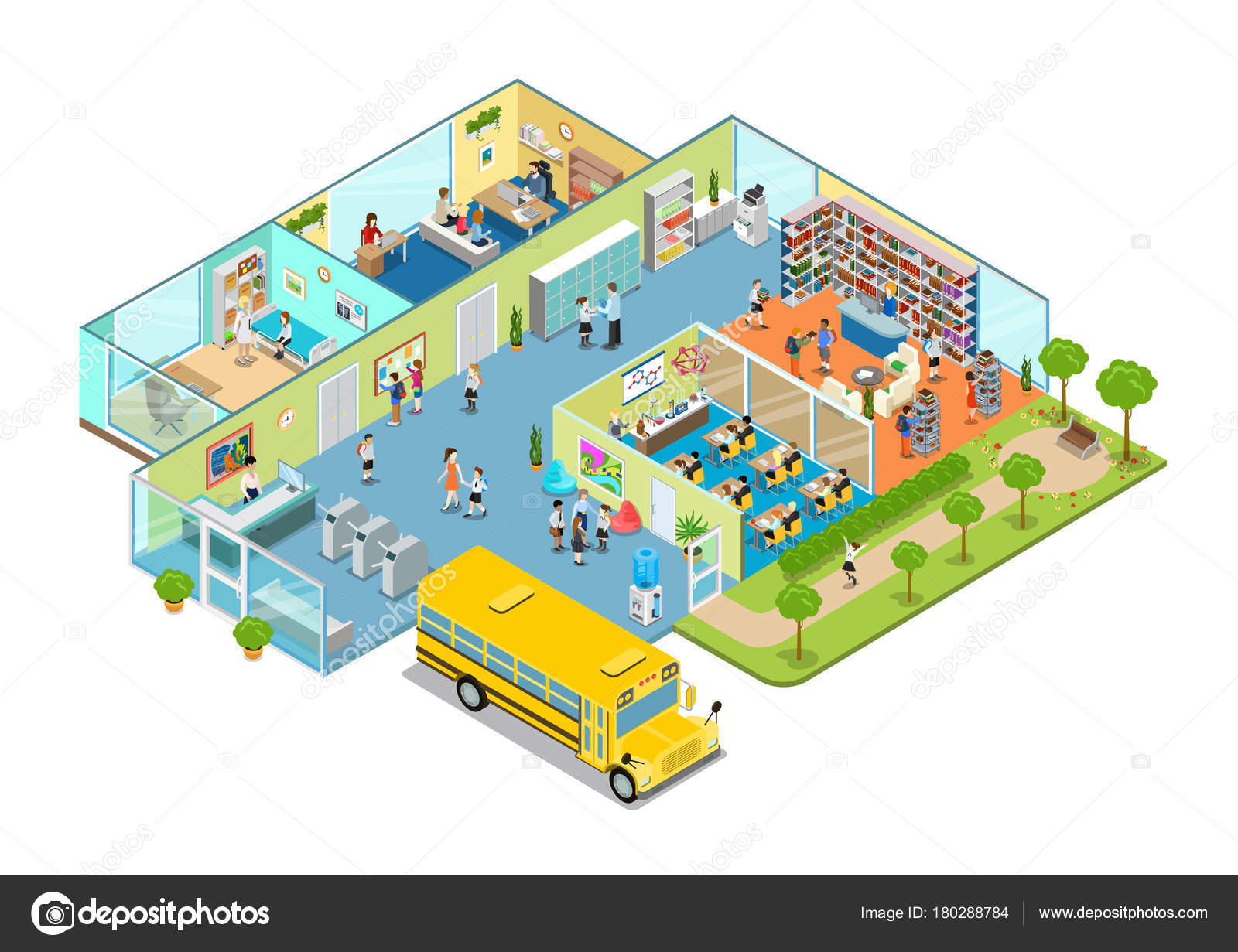 Flat isometric school or college classroom interior Stock Vector Image ...