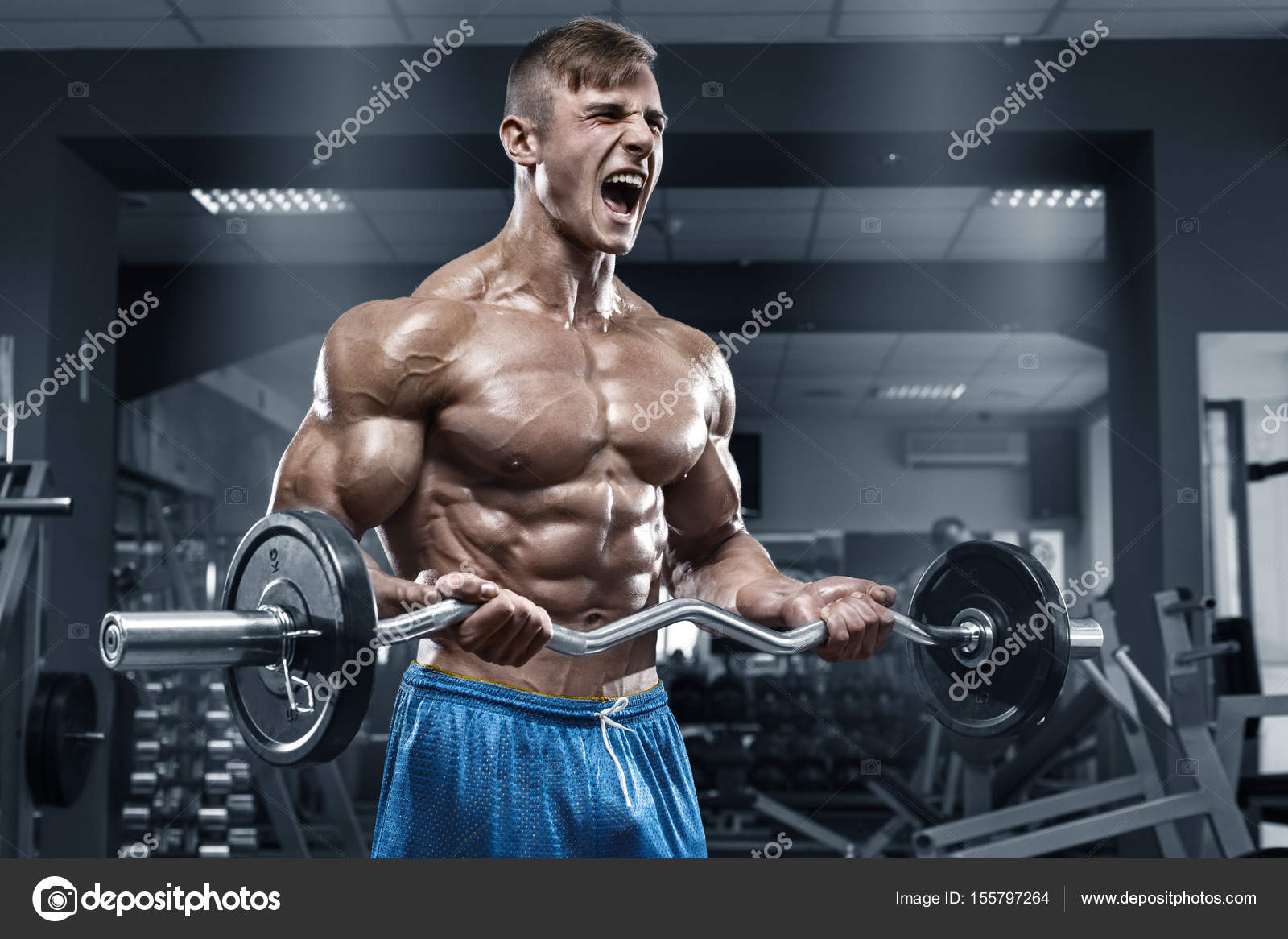 Muscular man working out in gym doing exercises, strong male naked torso abs — Stock Photo ...