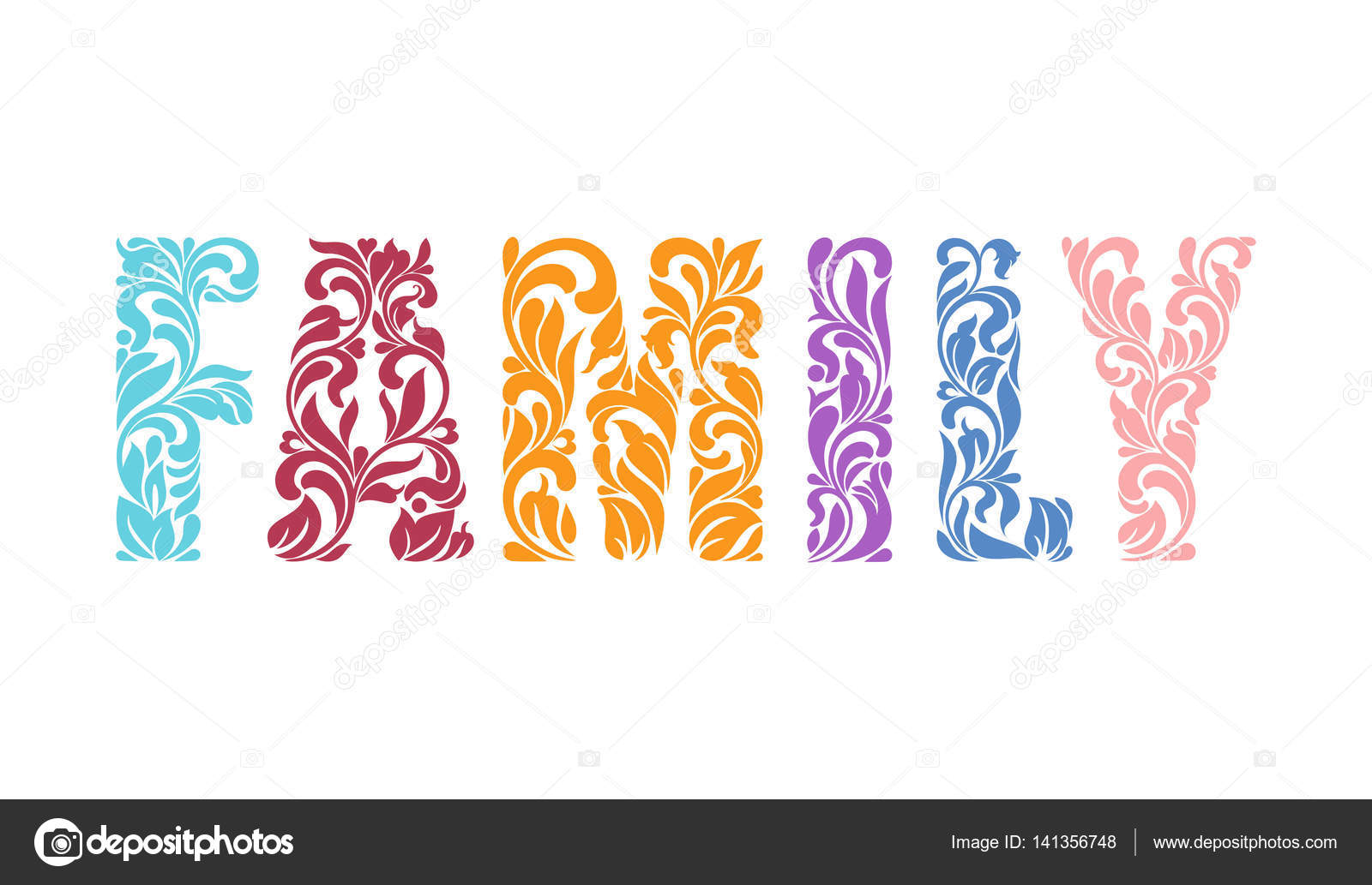 Word FAMILY. Decorative Font with swirls and floral elements isolated ...
