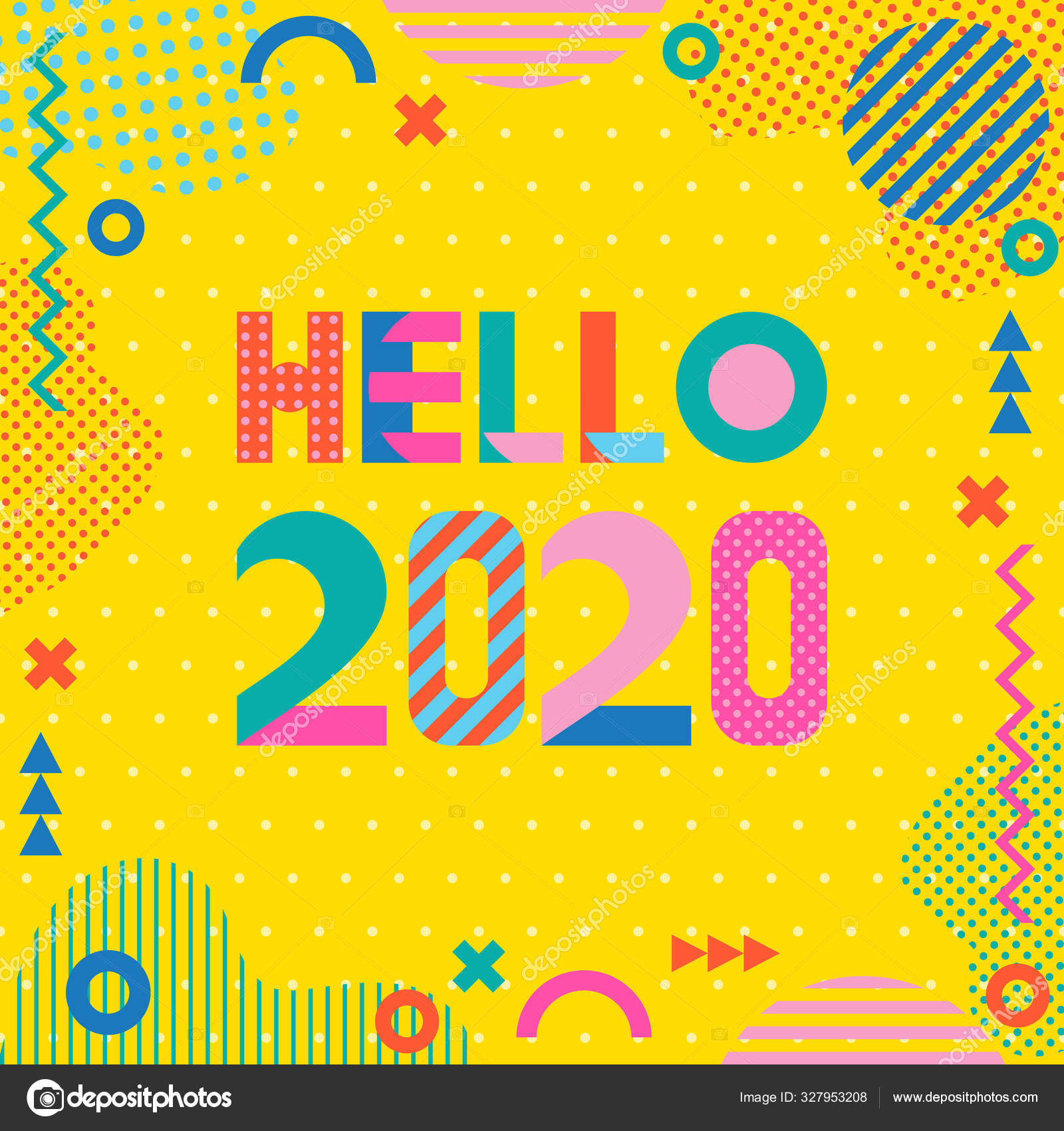 Hello 2020. Stylish greeting card. Trendy geometric font in memphis ...