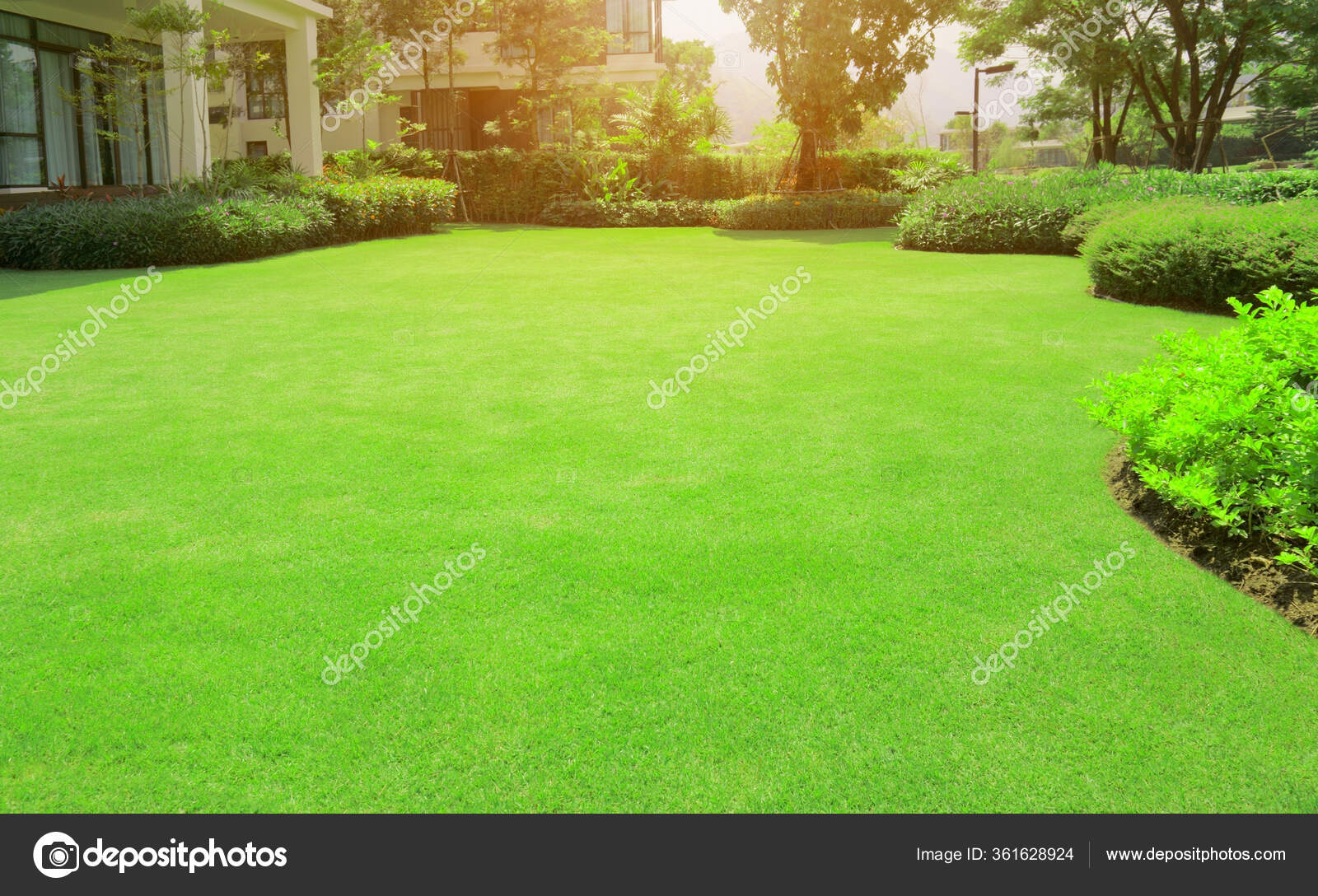 Fresh Gardening Green Burmuda Grass Smooth Lawn Curve Form Bush — Stock ...