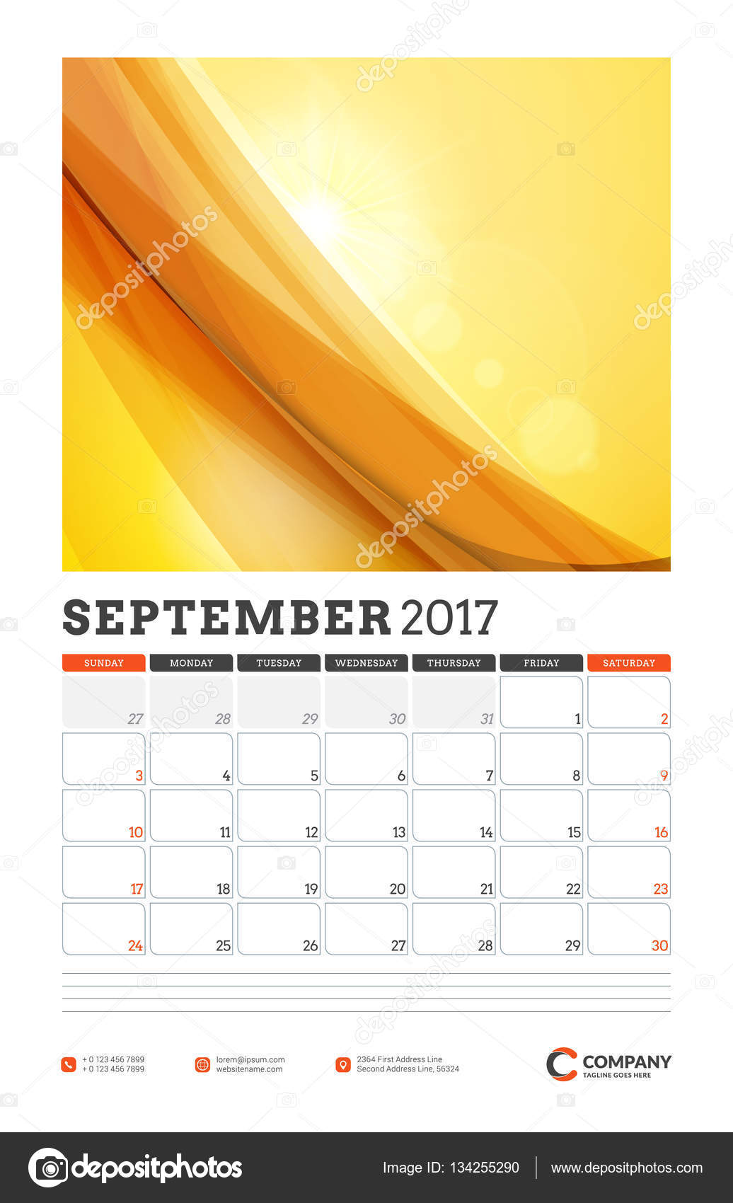 Wall Calendar Planner Template for 2017 Year. September. Vector Design ...