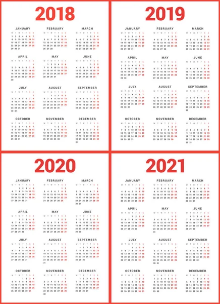 Set of calendars for 2018, 2019, 2020, 2021 years. Week Starts Sunday ...