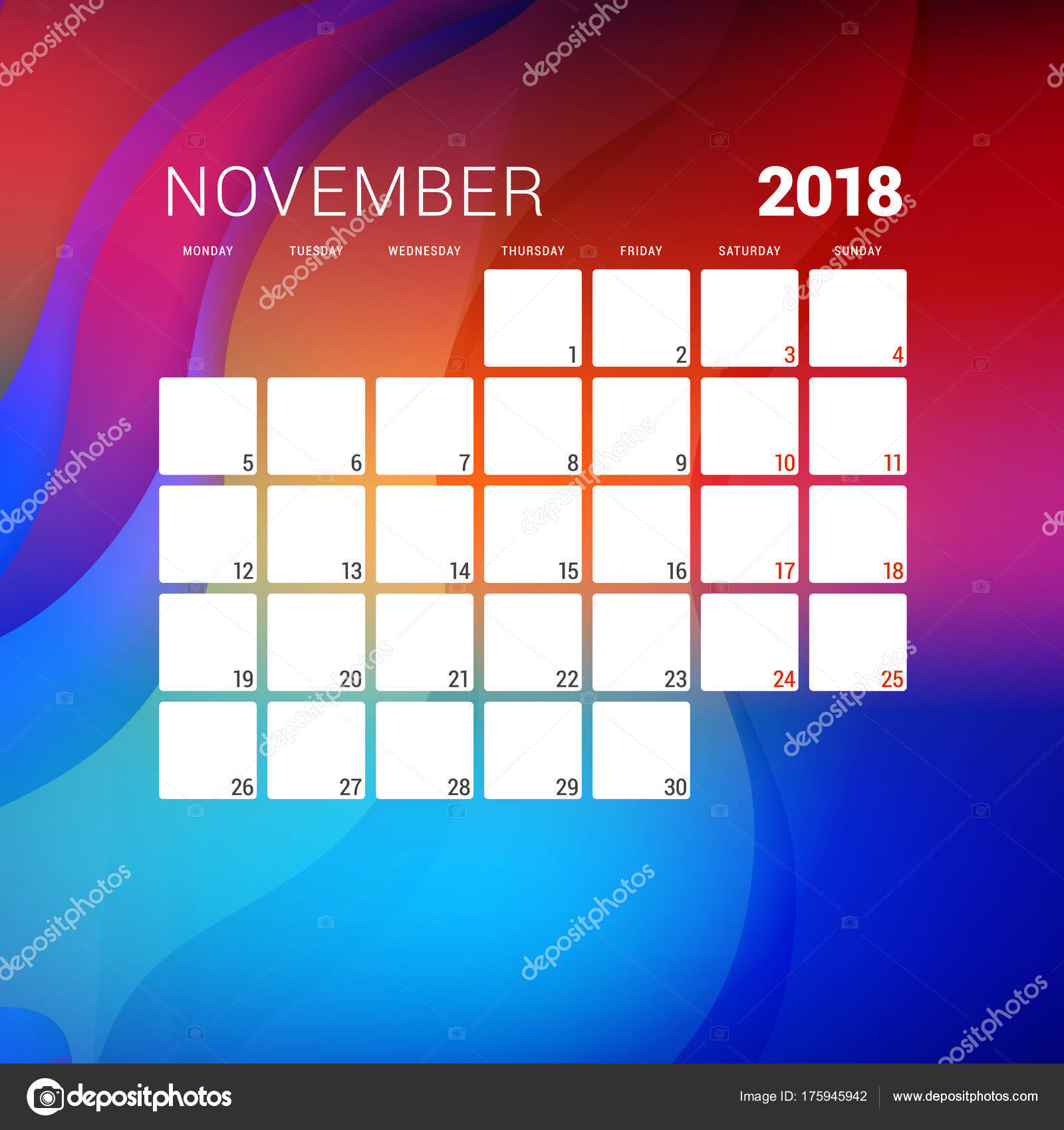 November 2018. Calendar planner design template with abstract ...