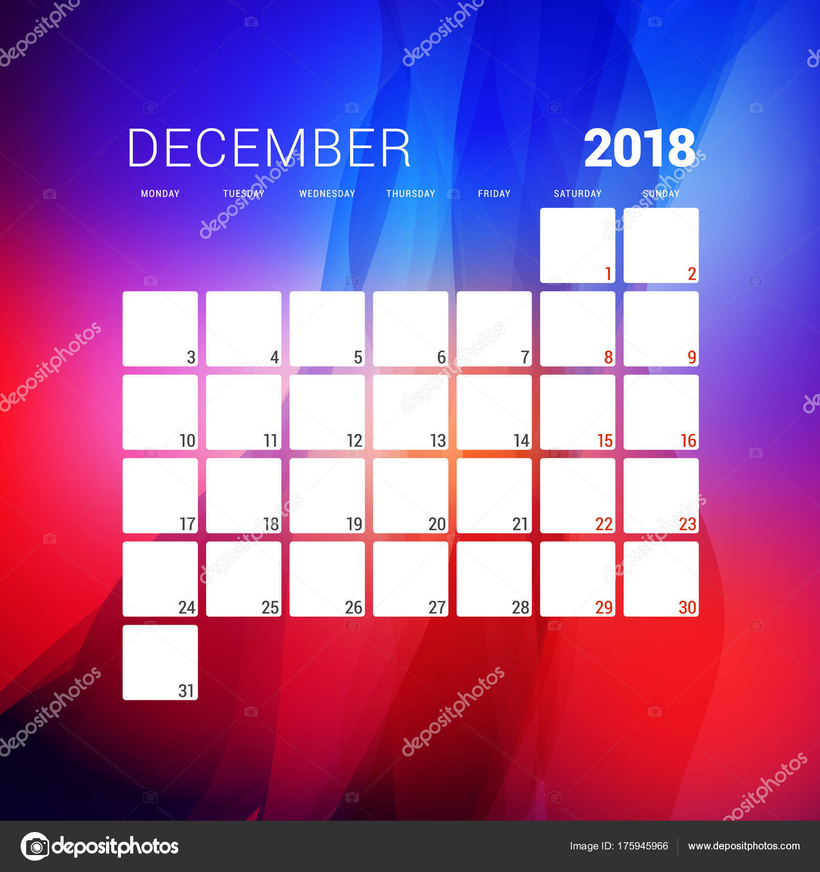 December 2018. Calendar planner design template with abstract ...
