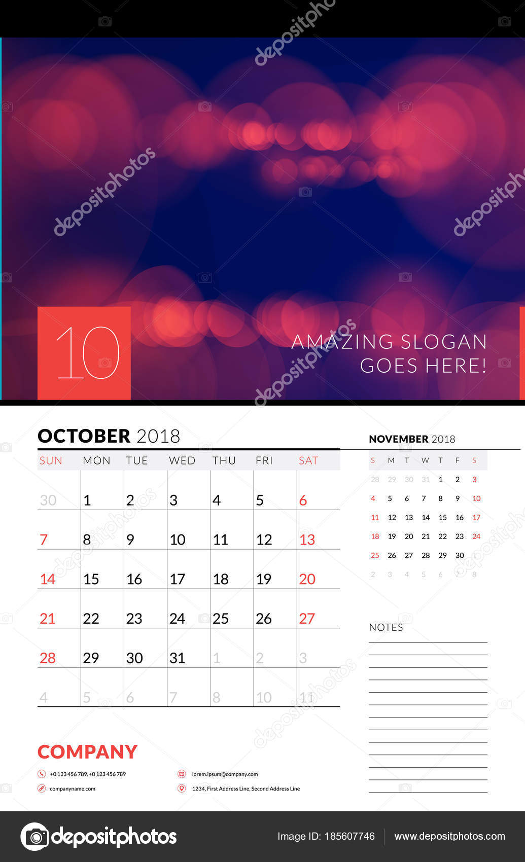 Wall calendar planner template for October 2018. Vector design print ...