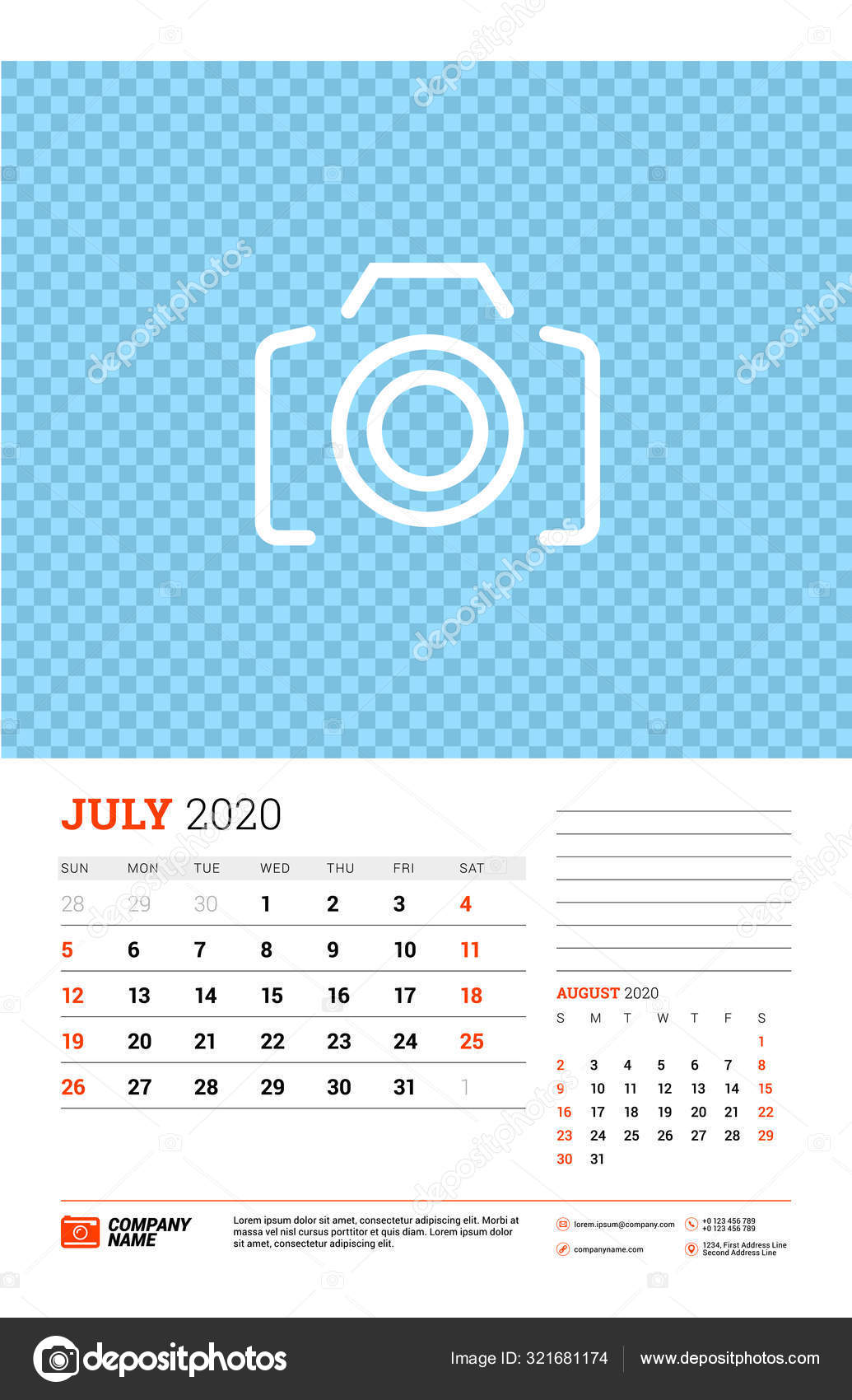Wall calendar planner template for July 2020. Week starts on Sunday ...