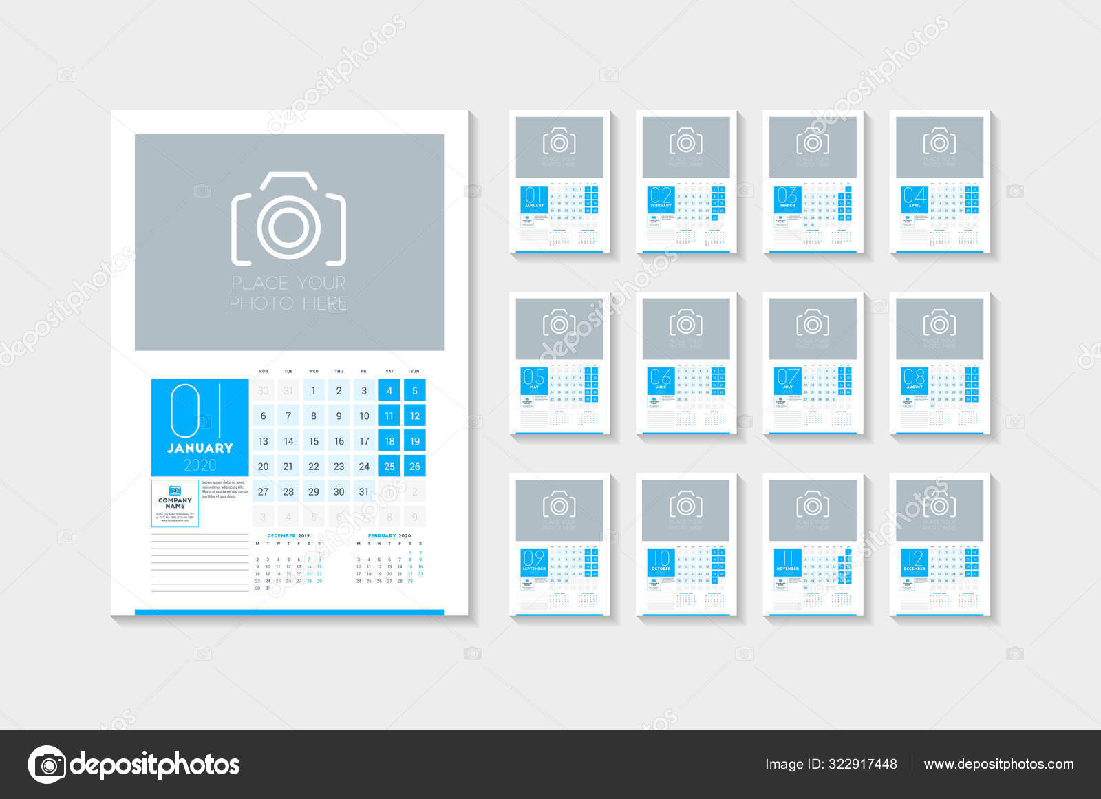 Plantilla de calendario de pared para 2020 año. La semana comienza el ...
