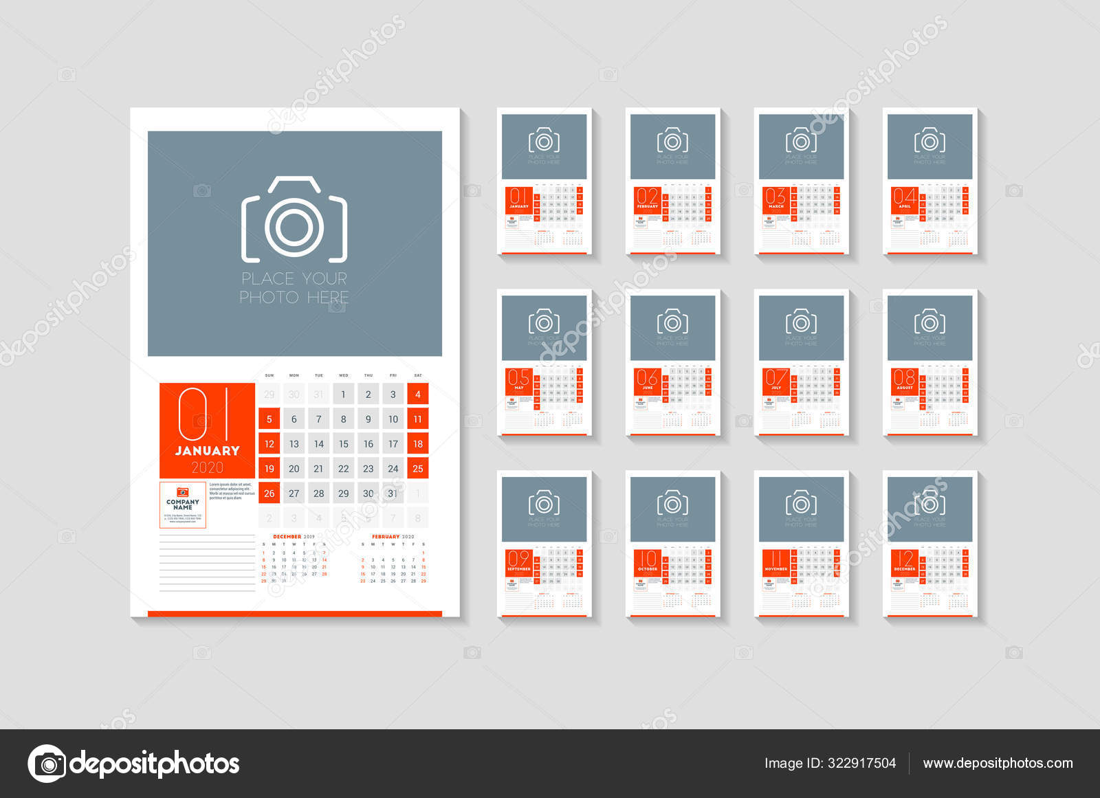 Plantilla de calendario de pared para 2020 año. La semana comienza el ...