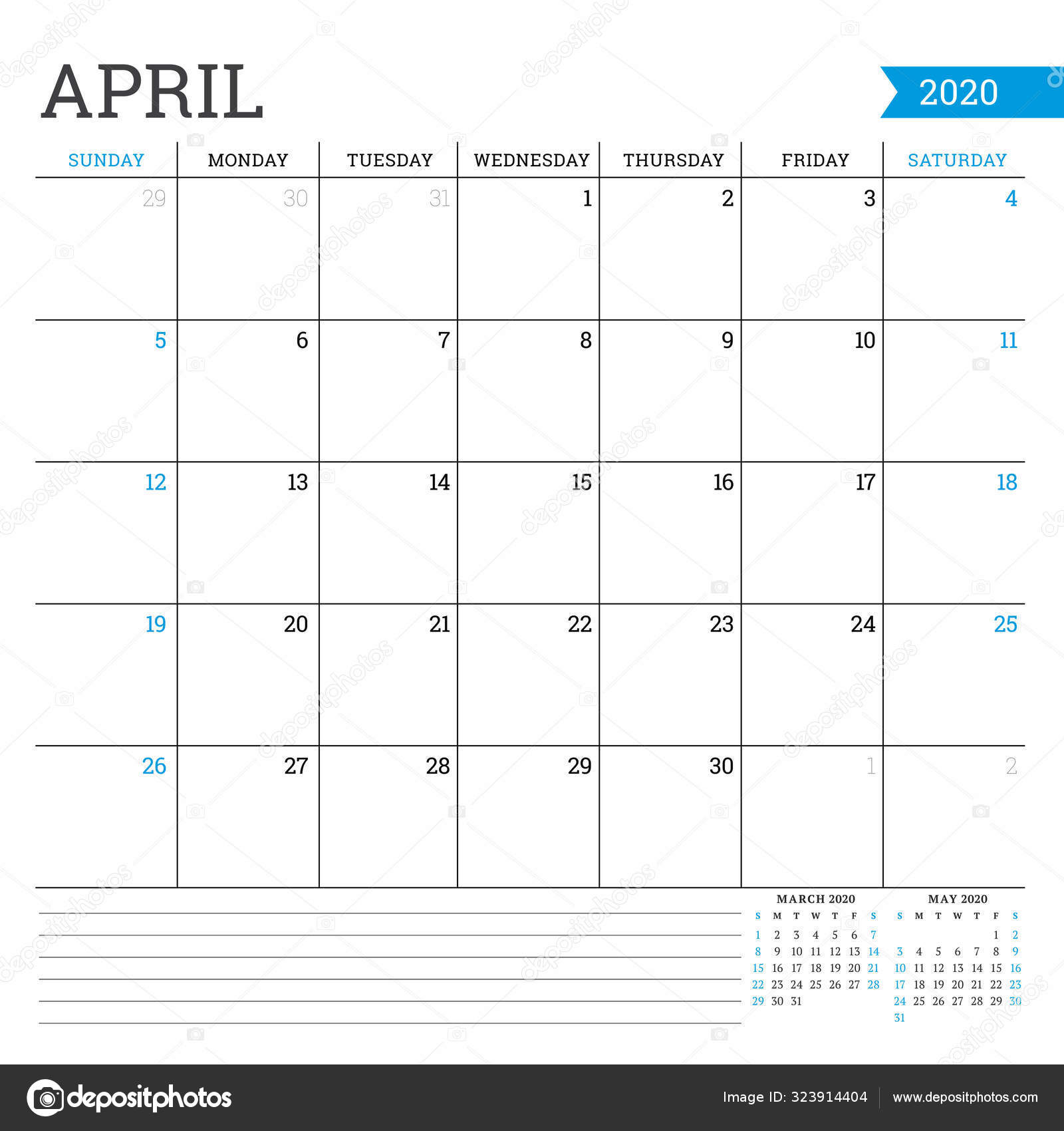 Abril 2020. Calendario mensual cuadrado. Plantilla de planificador ...