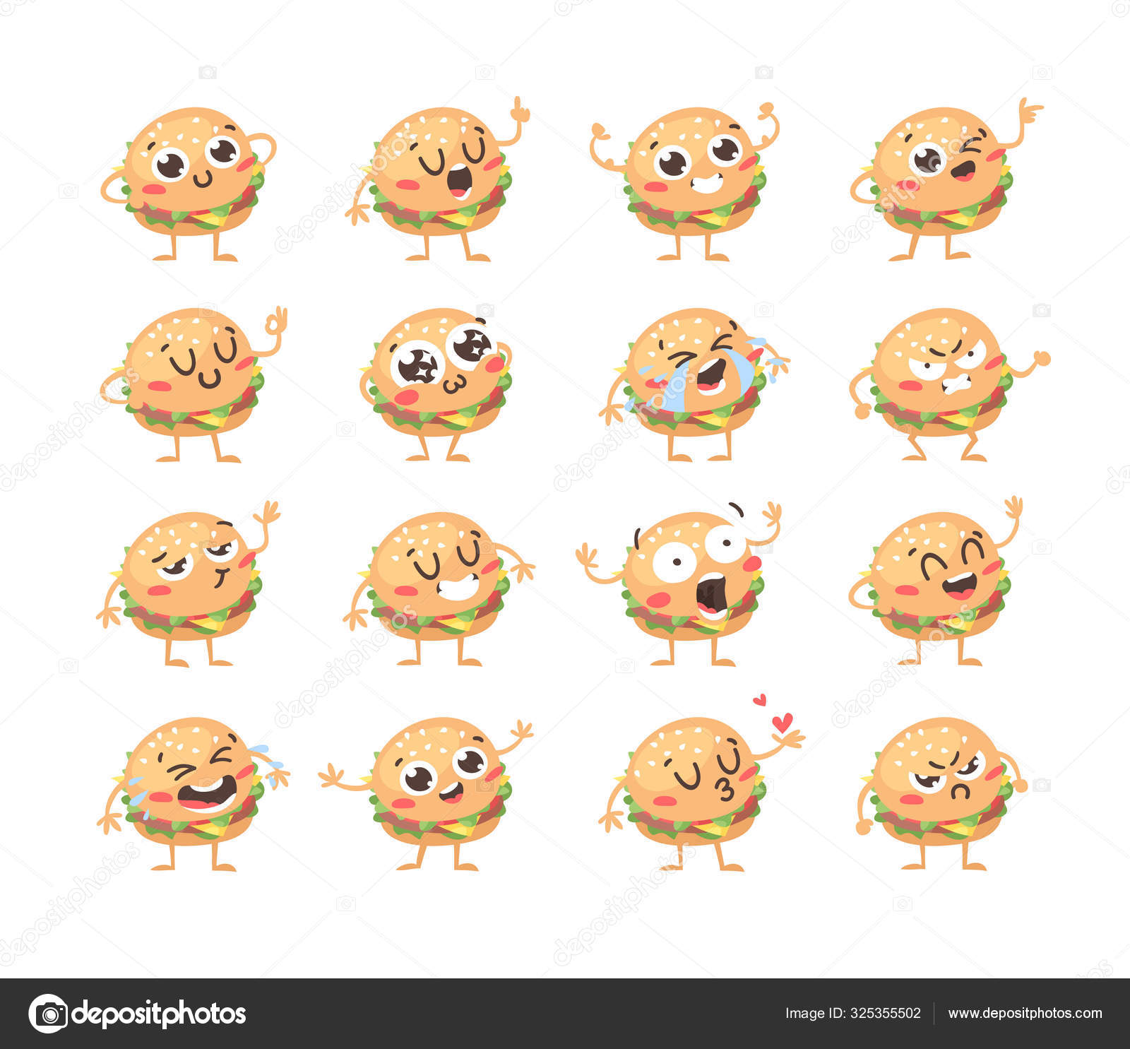 Cartoon Drawing Set Fast Food Emoji Hand Drawn Emotional Meal Stock ...