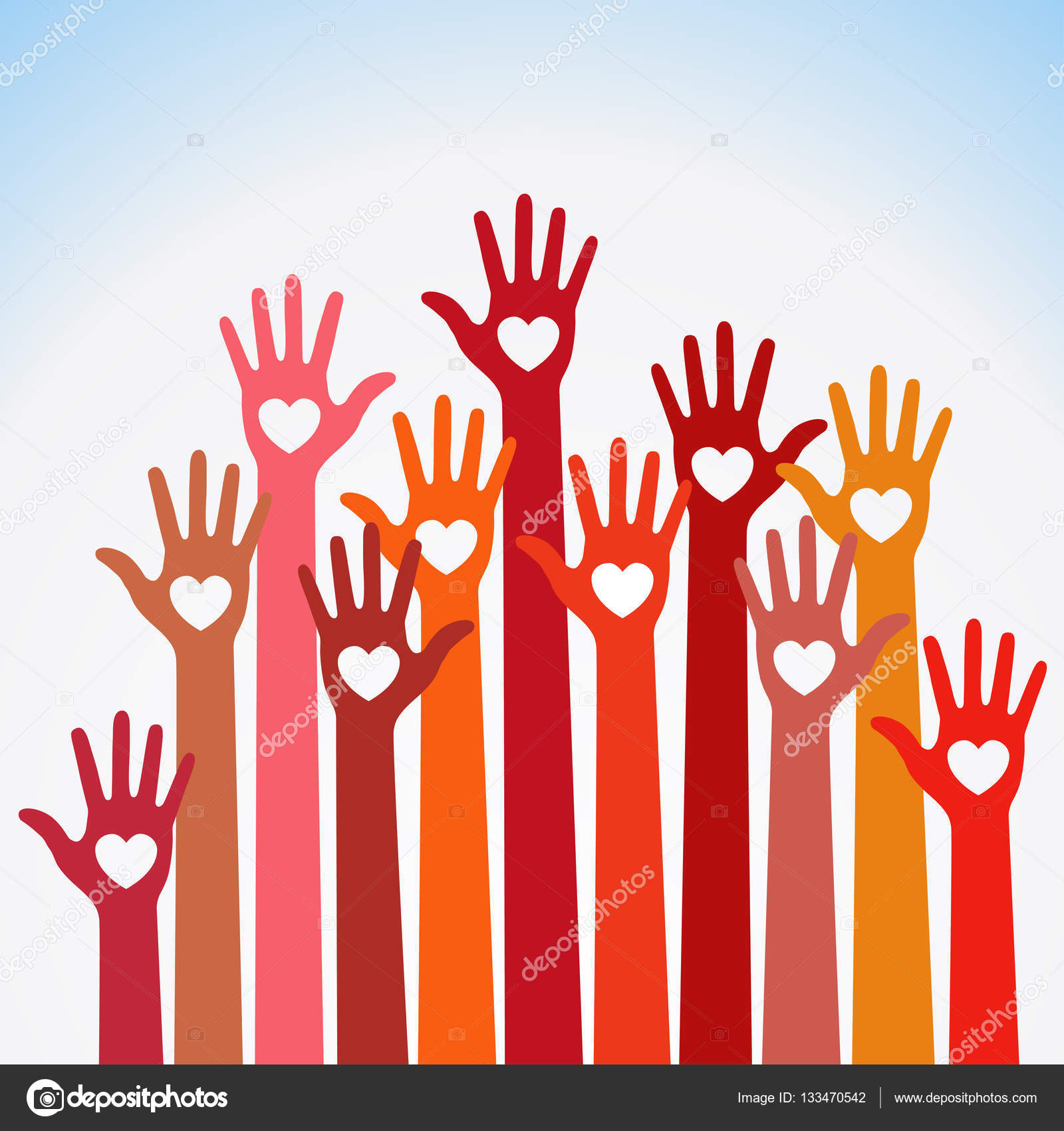 Warm colors colorful caring up hands hearts vector logo. Volunteers ...