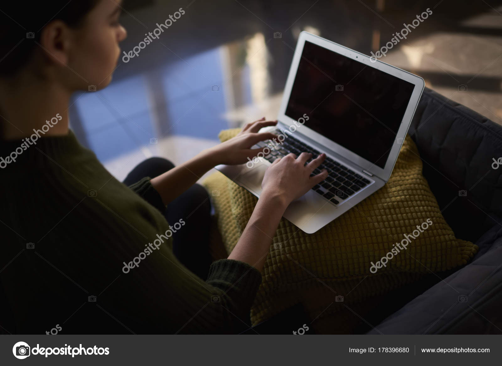 Person searching information in internet via computer. Copy space area ...