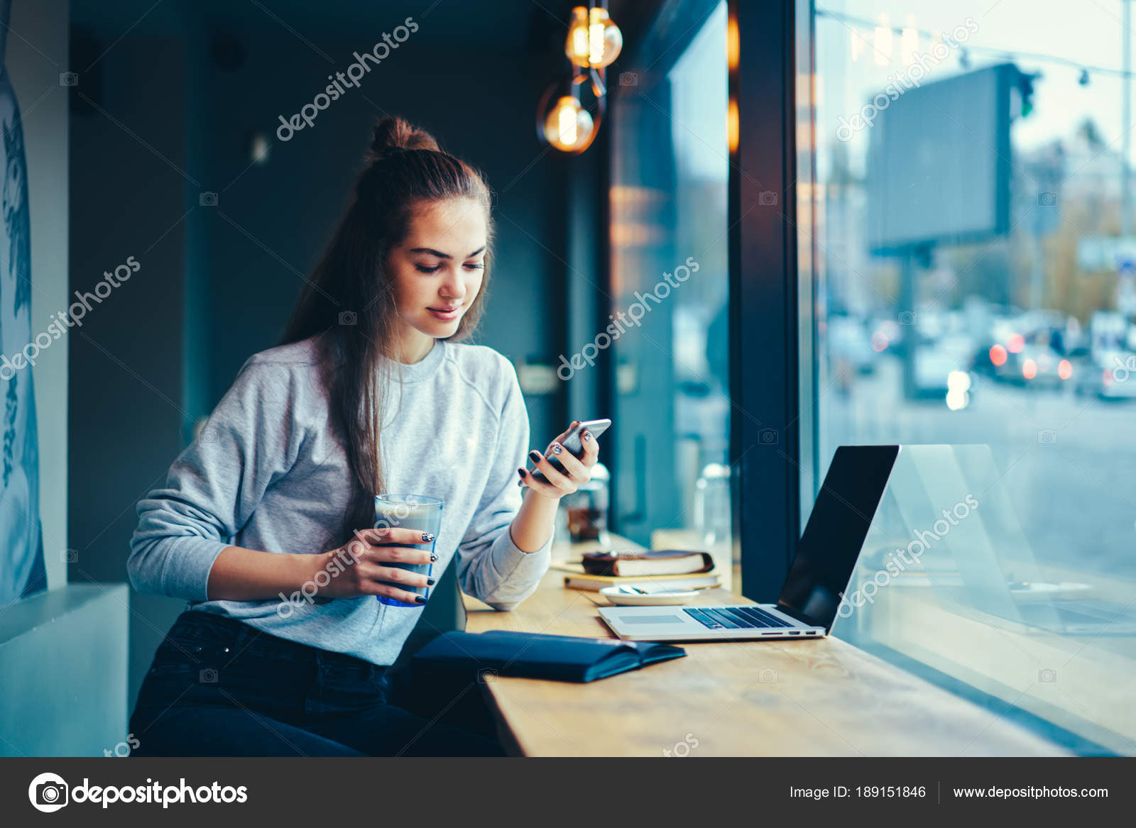 Good Looking Female Student Checking Email Webpage Smartphone Holding ...