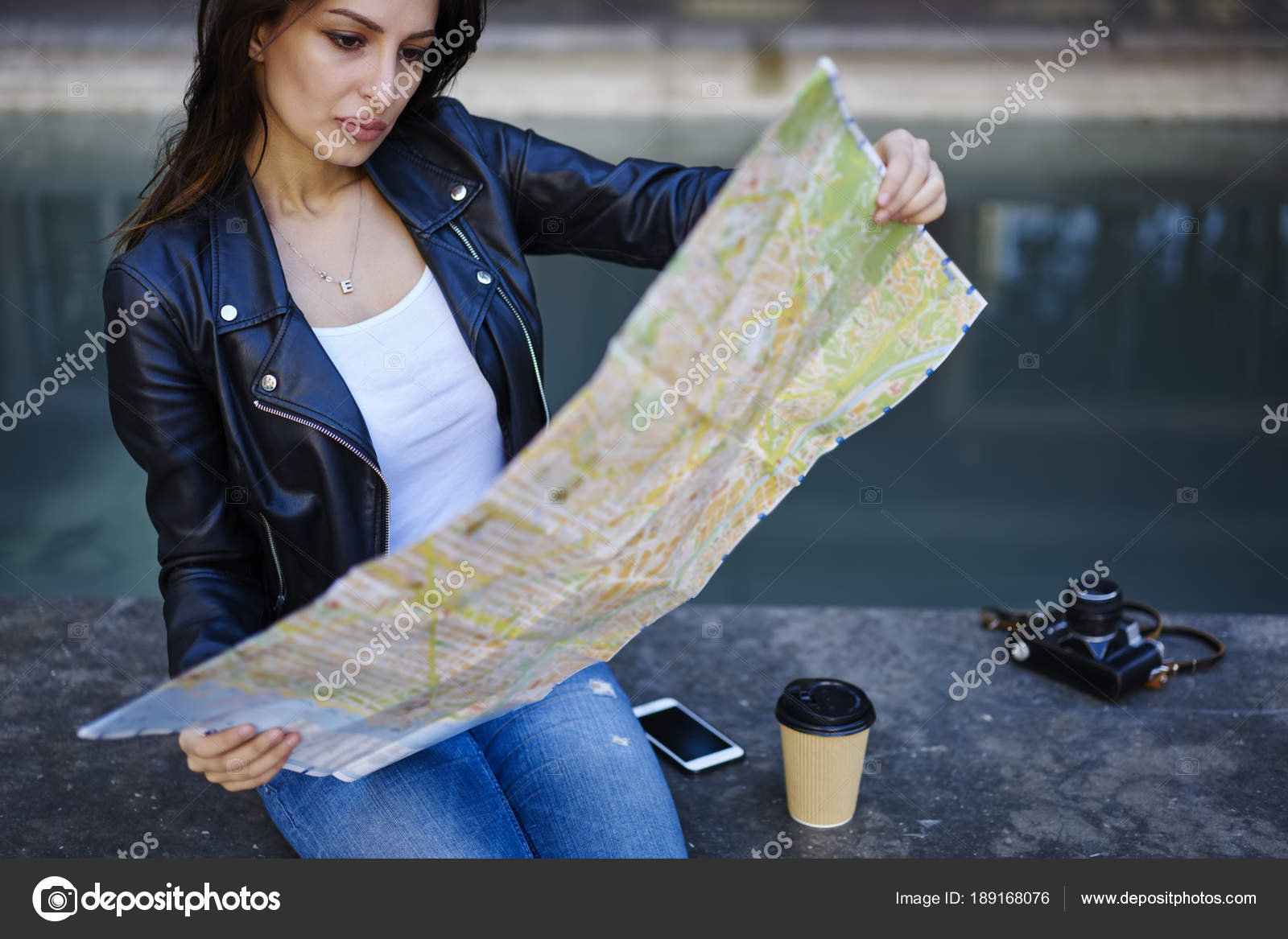 Concentrated Young Woman Reading Map Creating City Tour Way While Stock ...