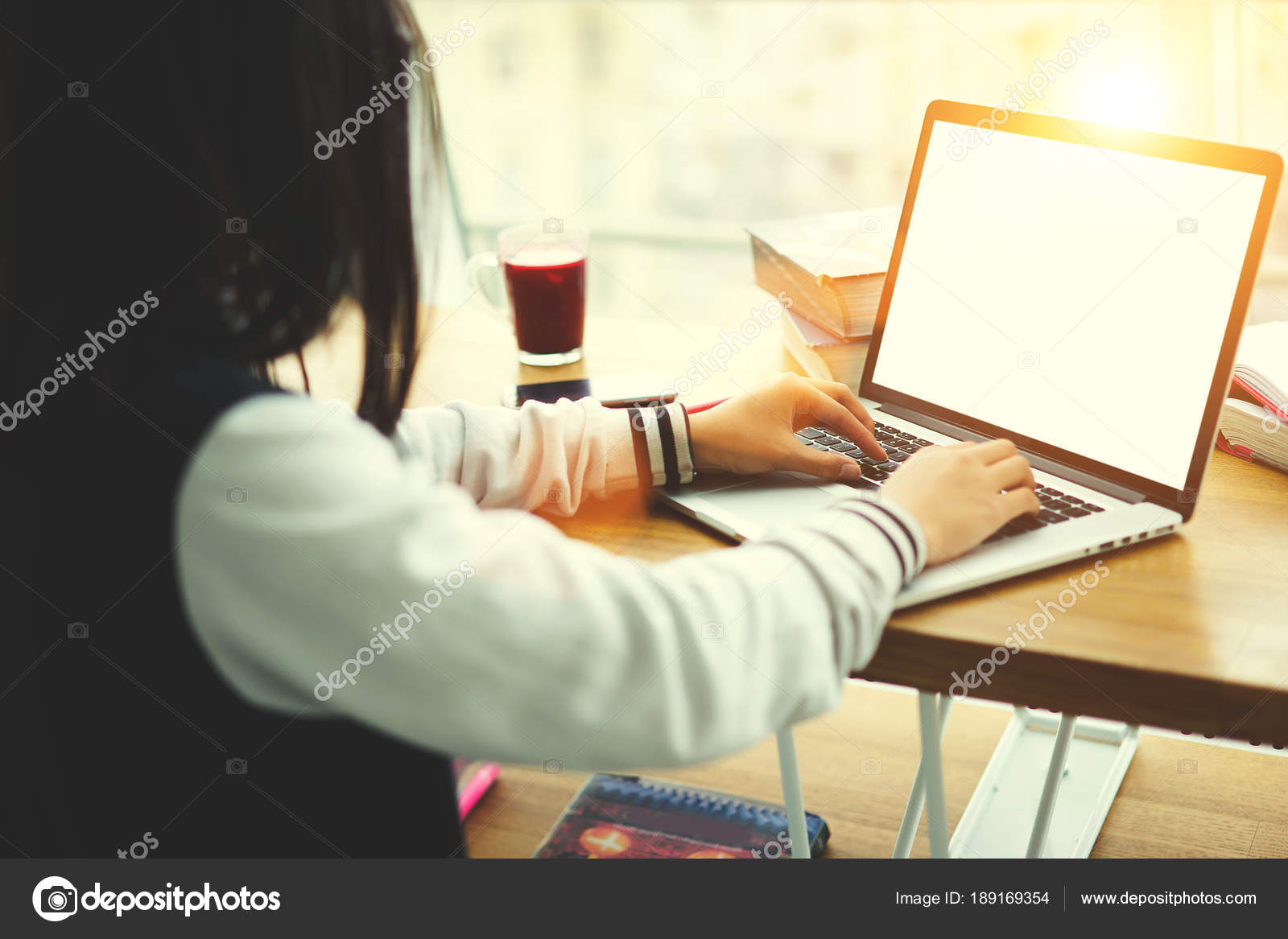 Back View Skilled Female Student Typing Laptop Computer Mock Screen ...