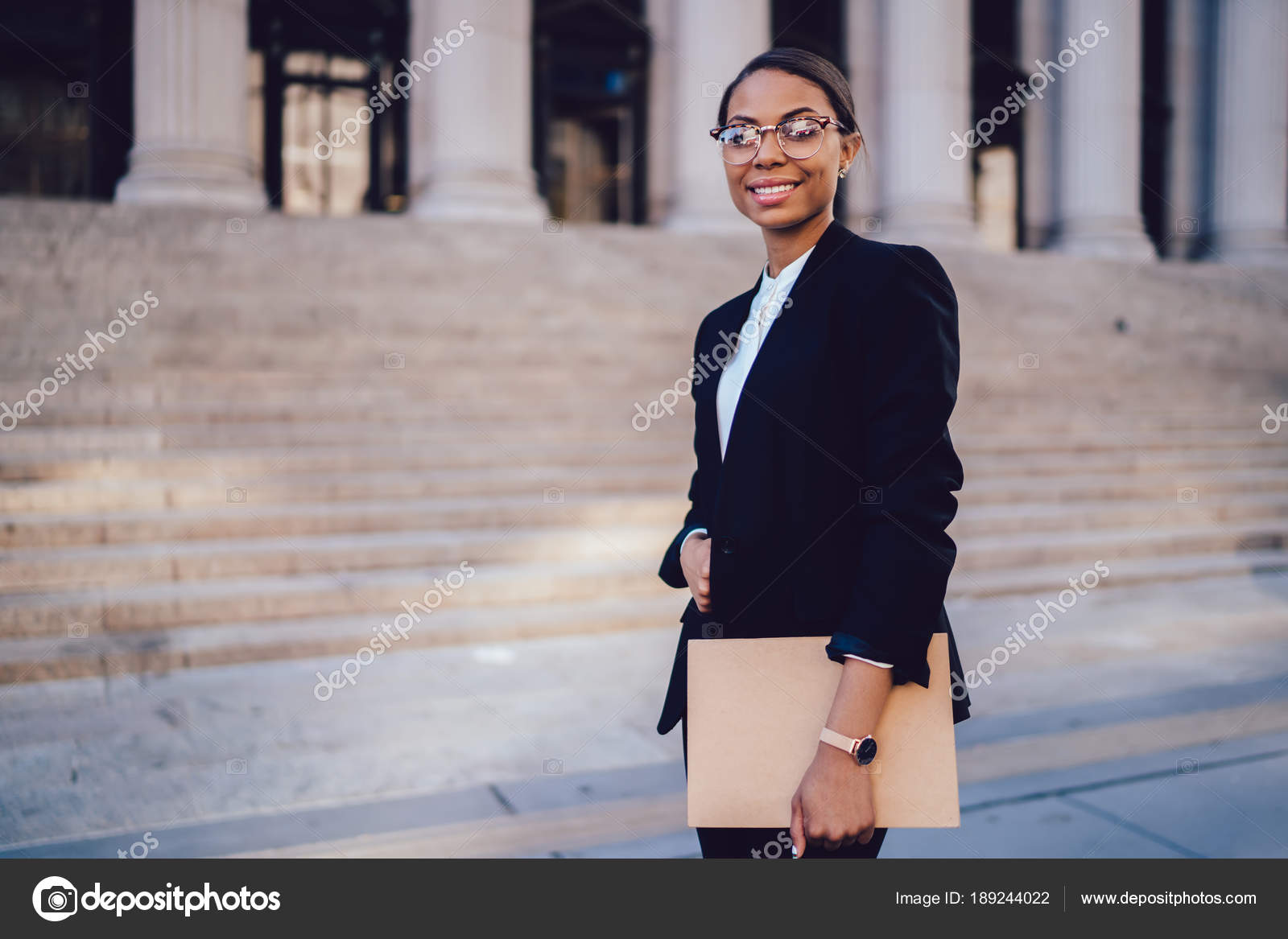 Half Length Portrait Successful Female Lawyer Dressed Black Suit ...