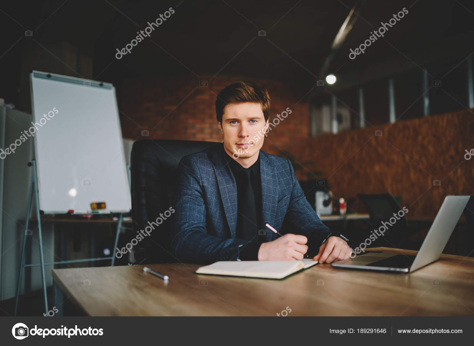 Half Length Portrait Proud Ceo Formal Suit Making Notes Corporate ...