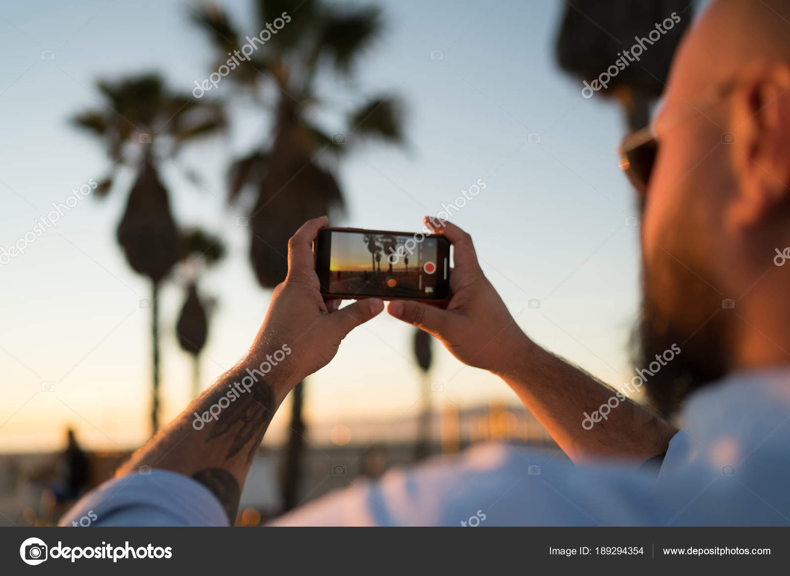 Back View Young Man Using Smartphone Camera Taking Pictures Sunset ...
