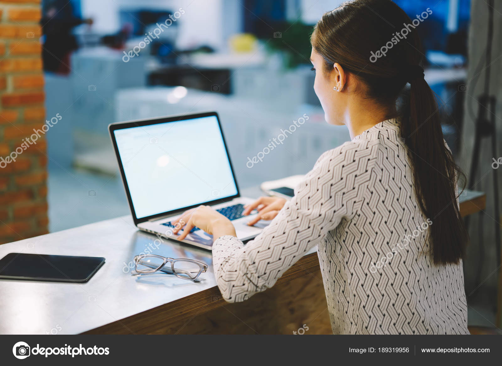 Back View Female Employee Typing Laptop Computer Mock Screen ...