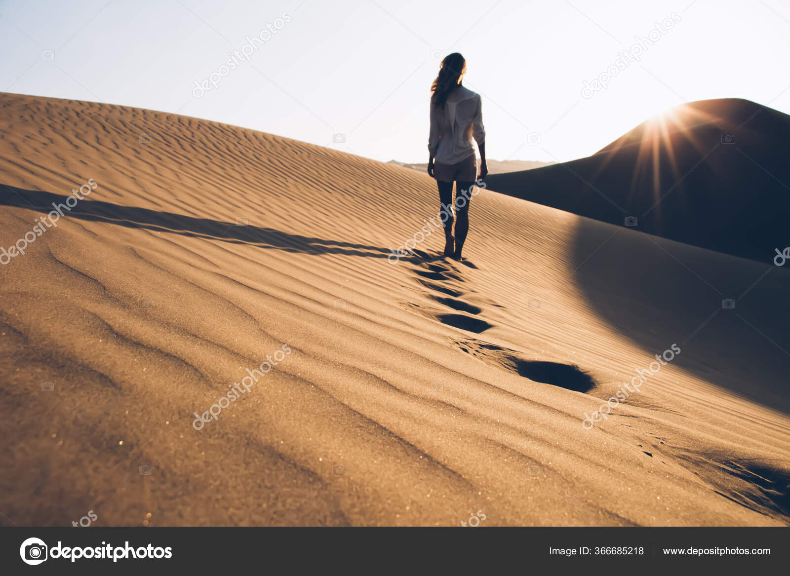 Back View Female Wanderer Casual Wear Exploring Wild Sahara Desert ...