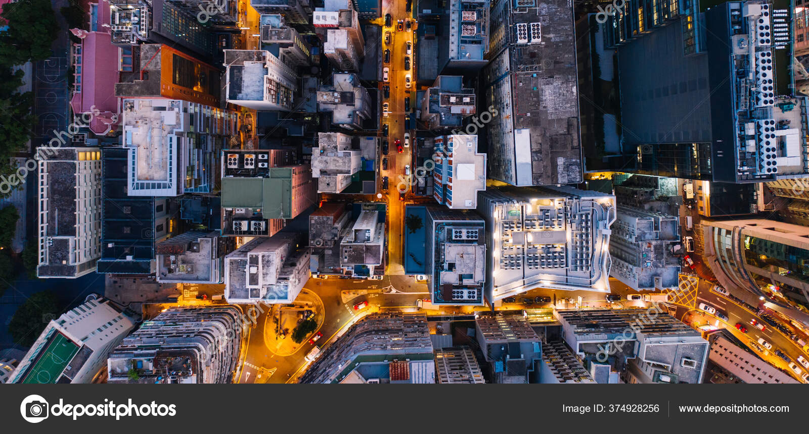 Aerial Top View Downtown District Buildings Night City Light Bird's ...