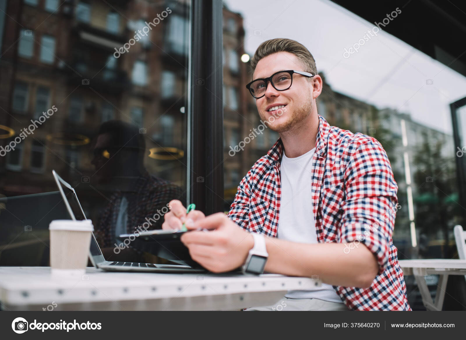 Happy Young Smiling Remote Worker Casual Clothes Glasses Creating ...