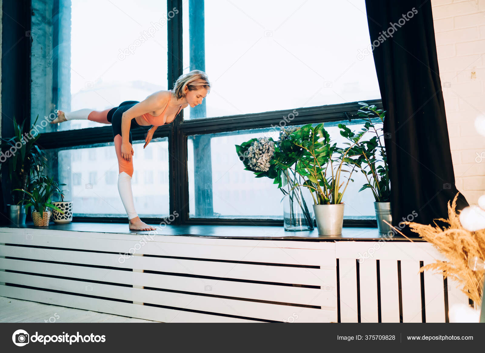 Side View Fit Slender Focused Hard Working Female Sportswear Stretching ...