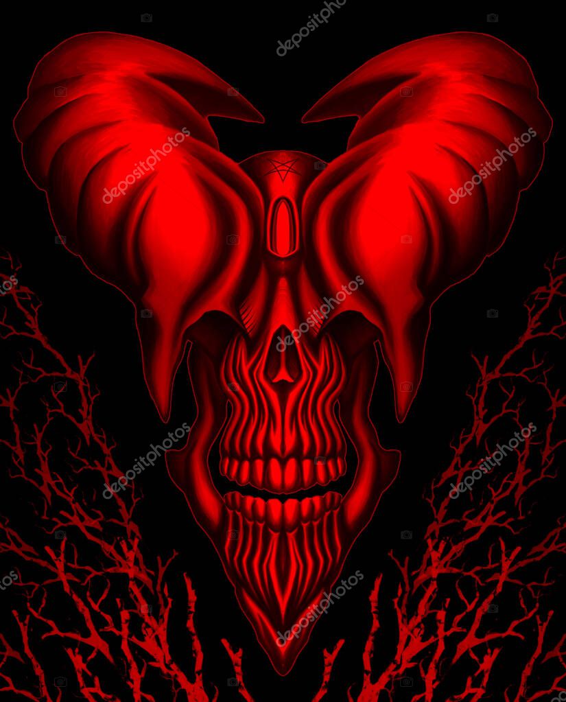 Cráneo de demonio rojo o diablo con ramas, criatura de horror, máscara ...