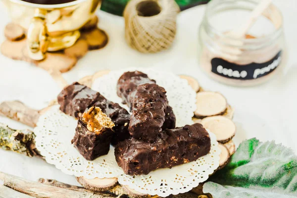 Homemade raw chocolate candy snickers bars. Vegan dessert. - Stock ...