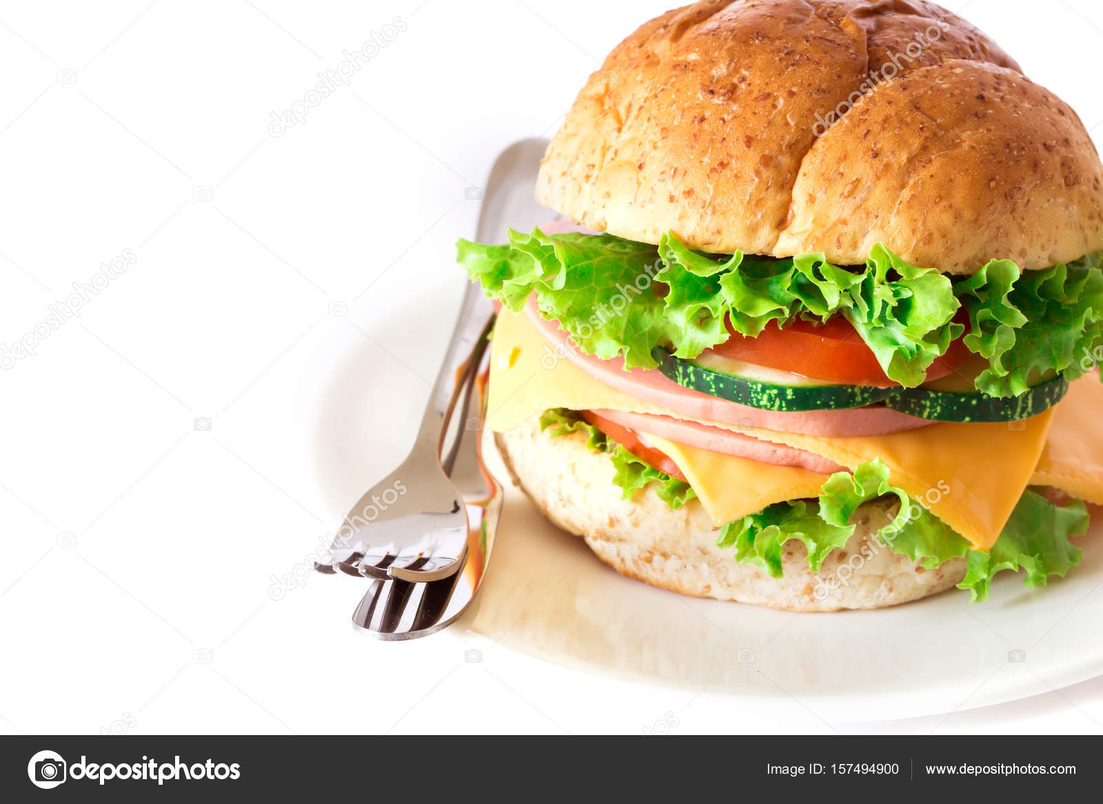 Burger sandwiches bread with bacon , ham and cheese with vegetab ...