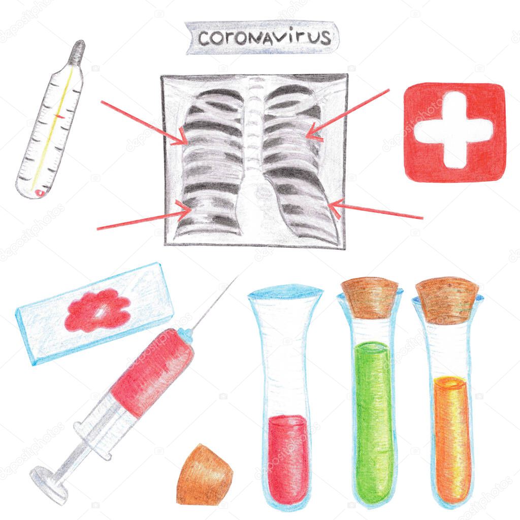 Conjunto de diagn sticos de infecci n por coronavirus. Term metro, radiograf a, prueba del virus ...