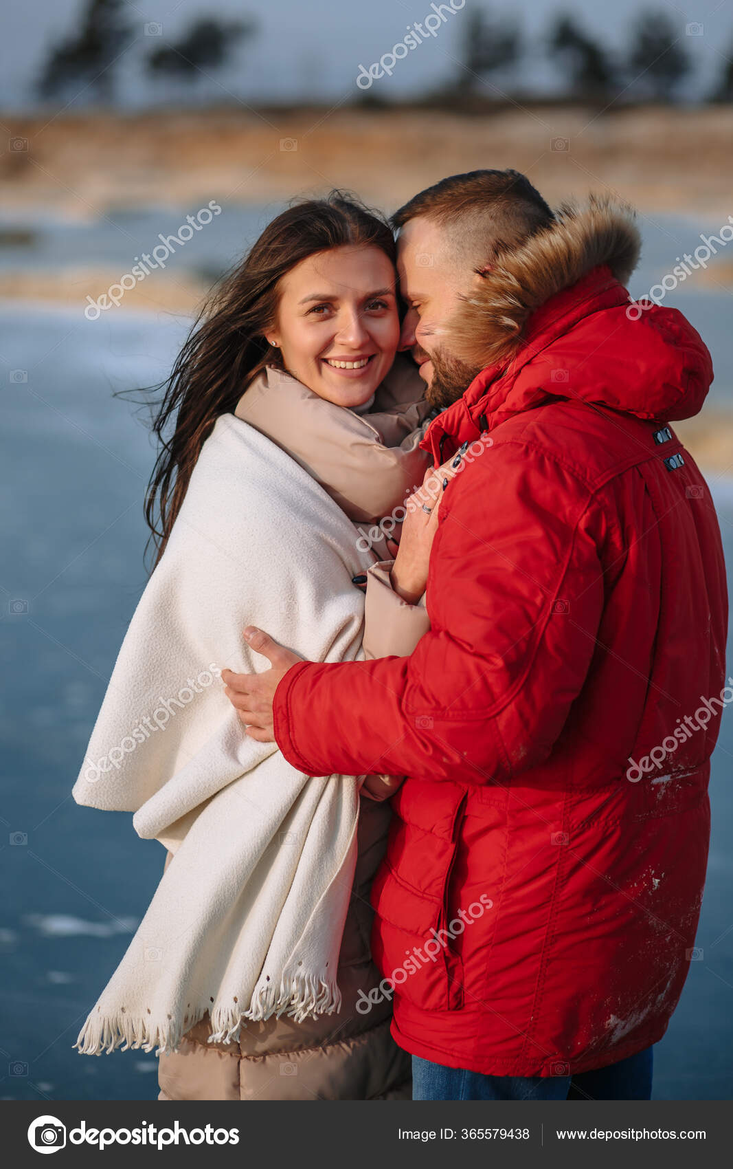 Young People Clinging Each Other Close Winter Boy Girl Jacket — Stock ...