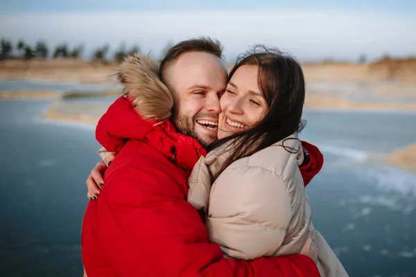 Young People Clinging Each Other Close Winter Boy Girl Jacket — Stock ...