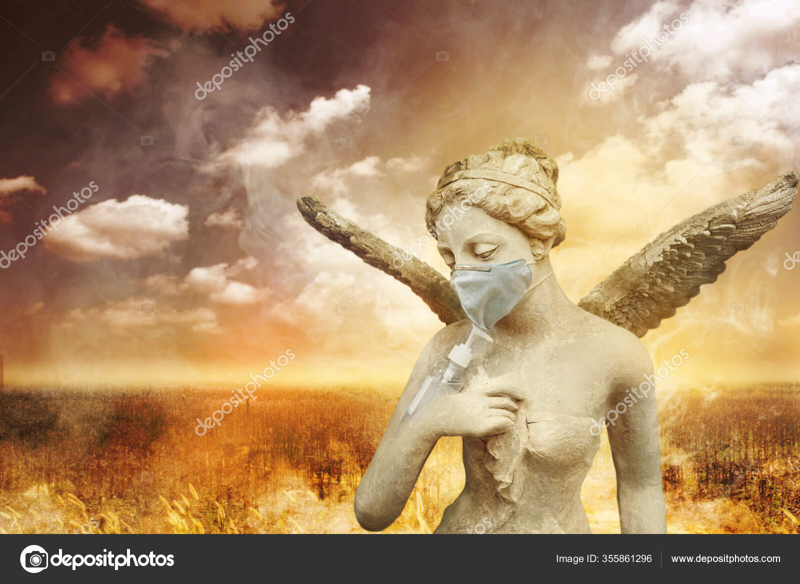 Angel Statue Using Washing Hand Alcohol Sanitizer Dust Mask Arid ...