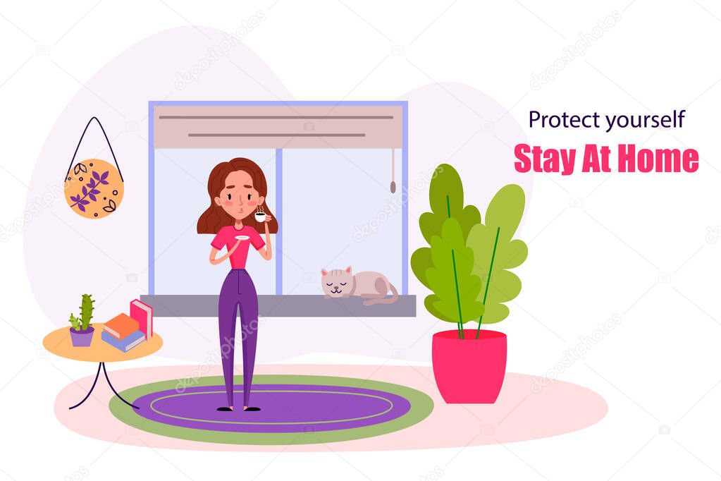 La mujer se queda en casa en cuarentena y pasa tiempo bebiendo café ...