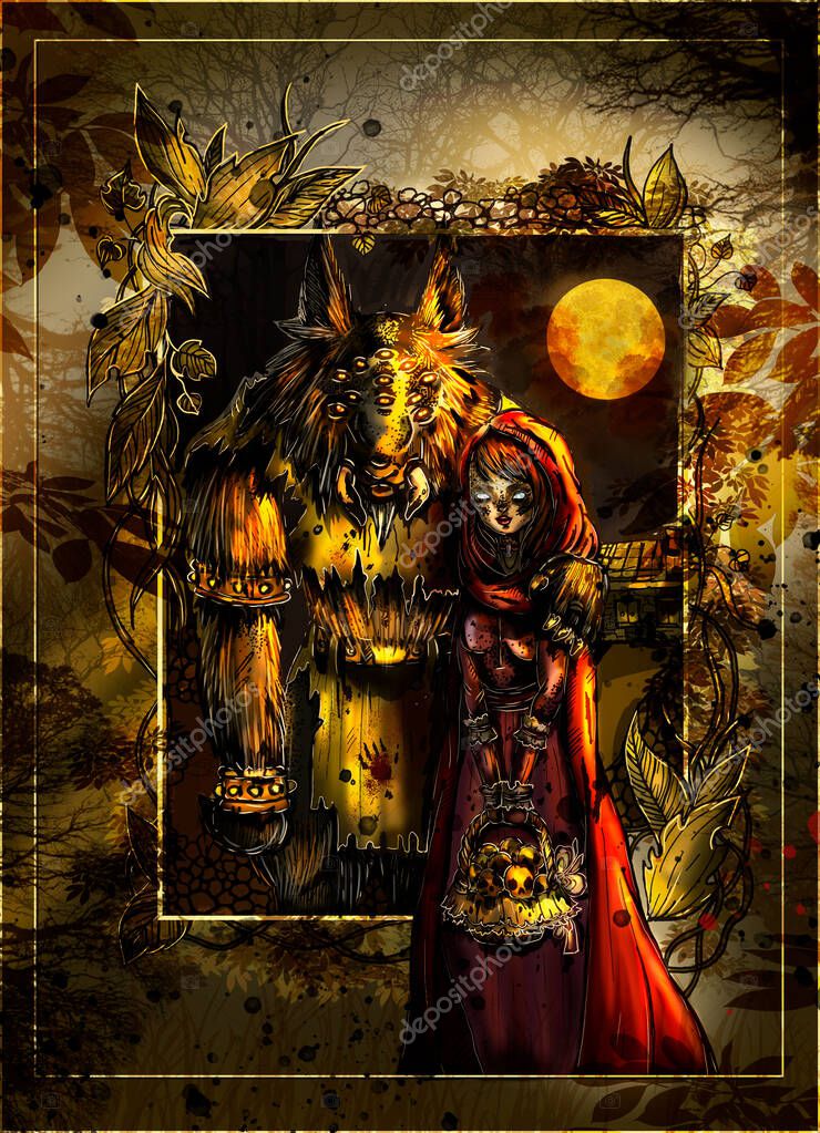 Personajes De Terror Caperucita Roja Sosteniendo Canasta De Calaveras Y Asustadizo Lobo Gris