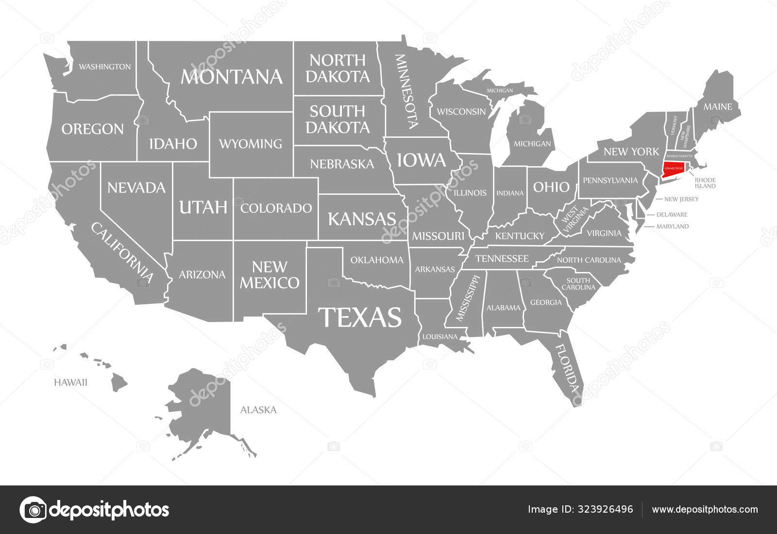 Connecticut red highlighted in map of the United States of Ameri ...