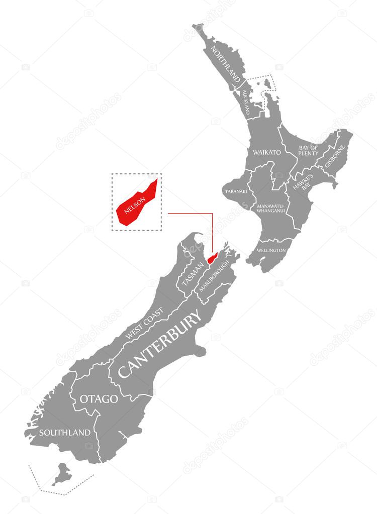 Nelson rojo resaltado en el mapa de Nueva Zelanda 2022