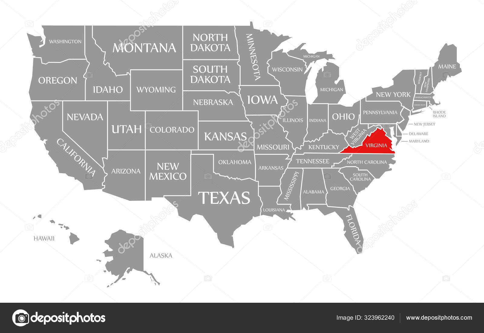 Virginia red highlighted in map of the United States of America — Stock ...