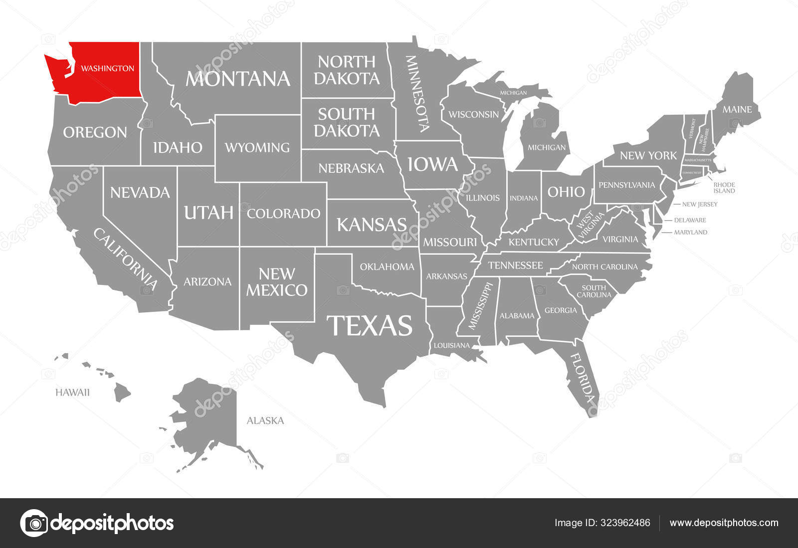 Washington red highlighted in map of the United States of Americ ...
