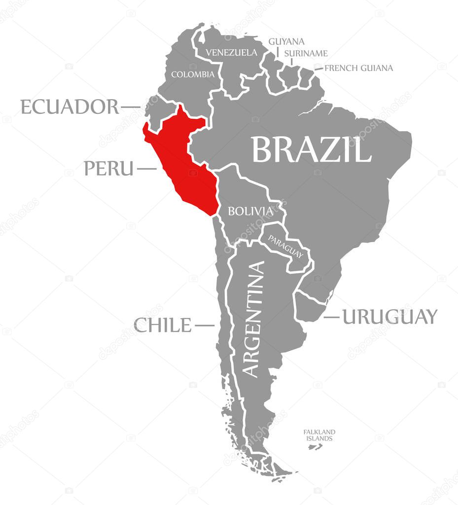 Perú rojo resaltado en mapa continente de América del Sur 2024