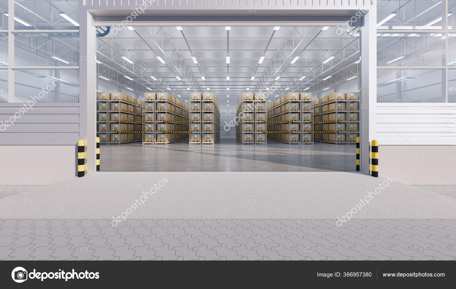 Rendering Warehouse Building Exterior Open Shutter Door Box Shelf ...