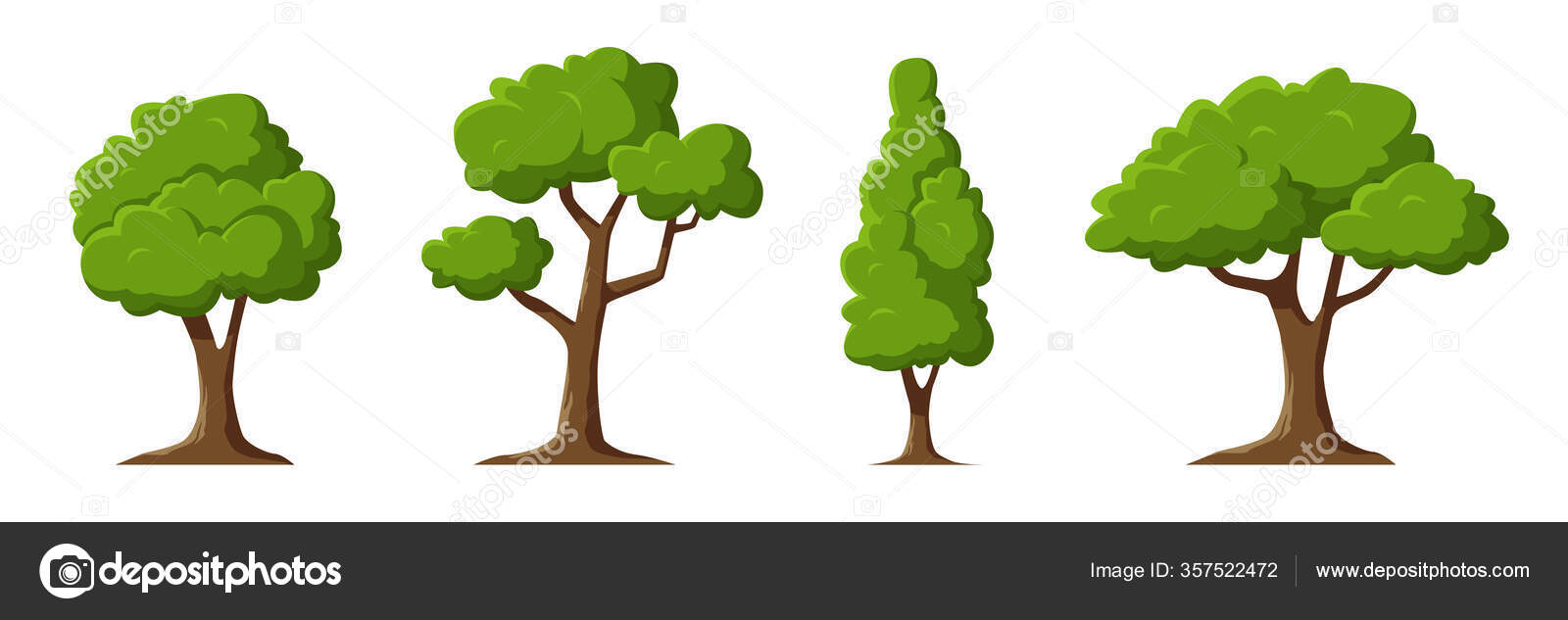 Cartoon Trees Set Isolated White Background Simple Modern Style Cute ...