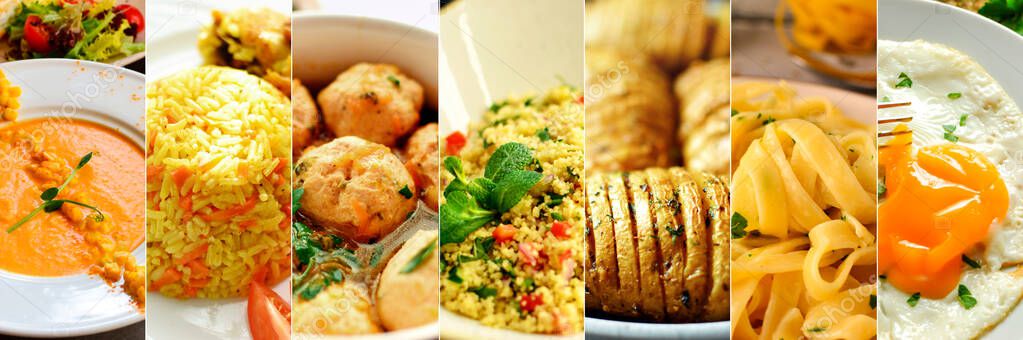 Collage de varios platos. Un menú variado. Collage con comida amarilla ...